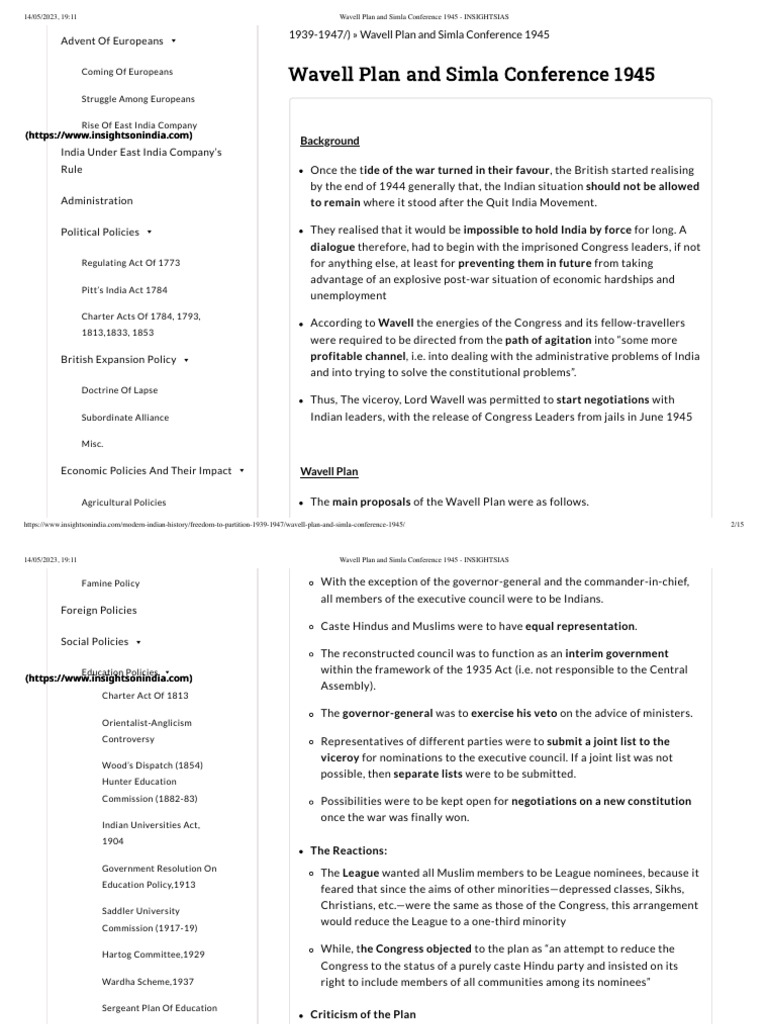 4.wavell Plan and Simla Conference 1945 - INSIGHTSIAS | PDF