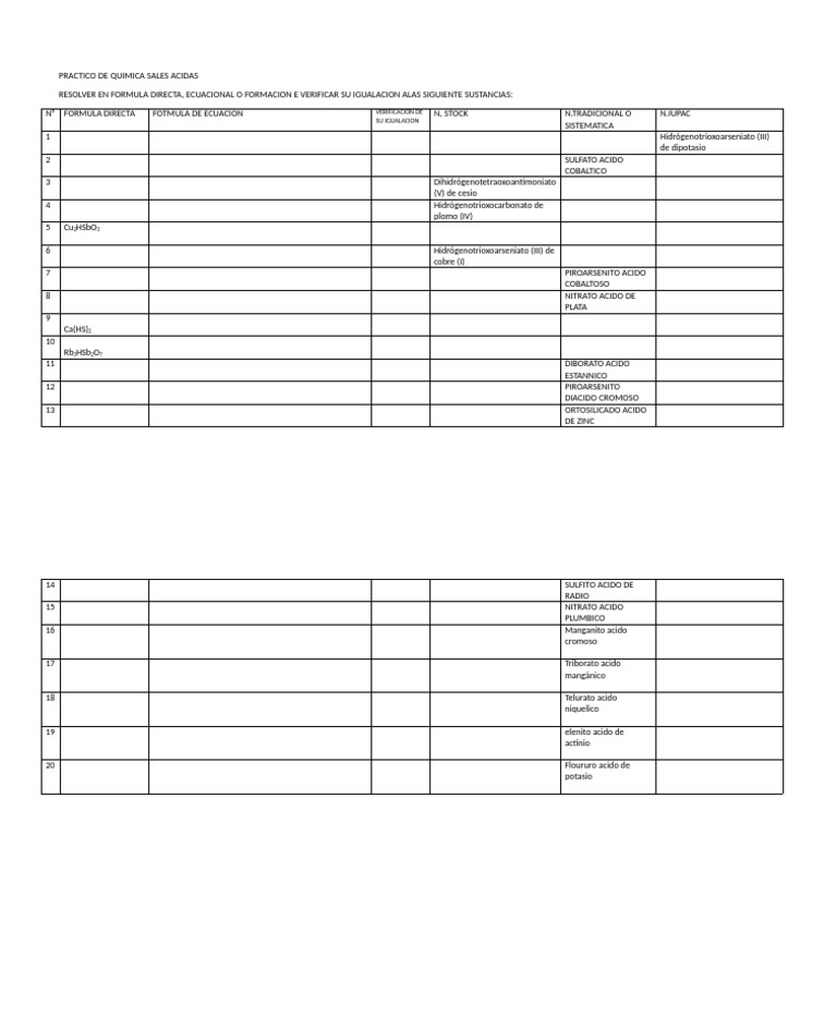 Practico de Quimica Sales Acidas Formula Ecuacional | PDF | Sal (química) | Conjuntos de ...