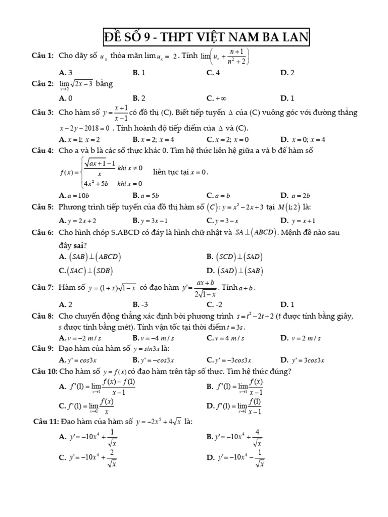 ĐỀ SỐ 9 - THPT VIỆT NAM BA LAN | PDF