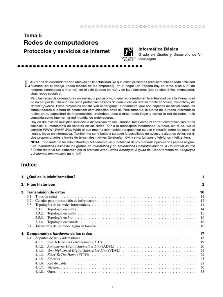Tema 5 Redes de Computadores Protocolos y Servicios de Internet (UJI) | PDF | Red de ...