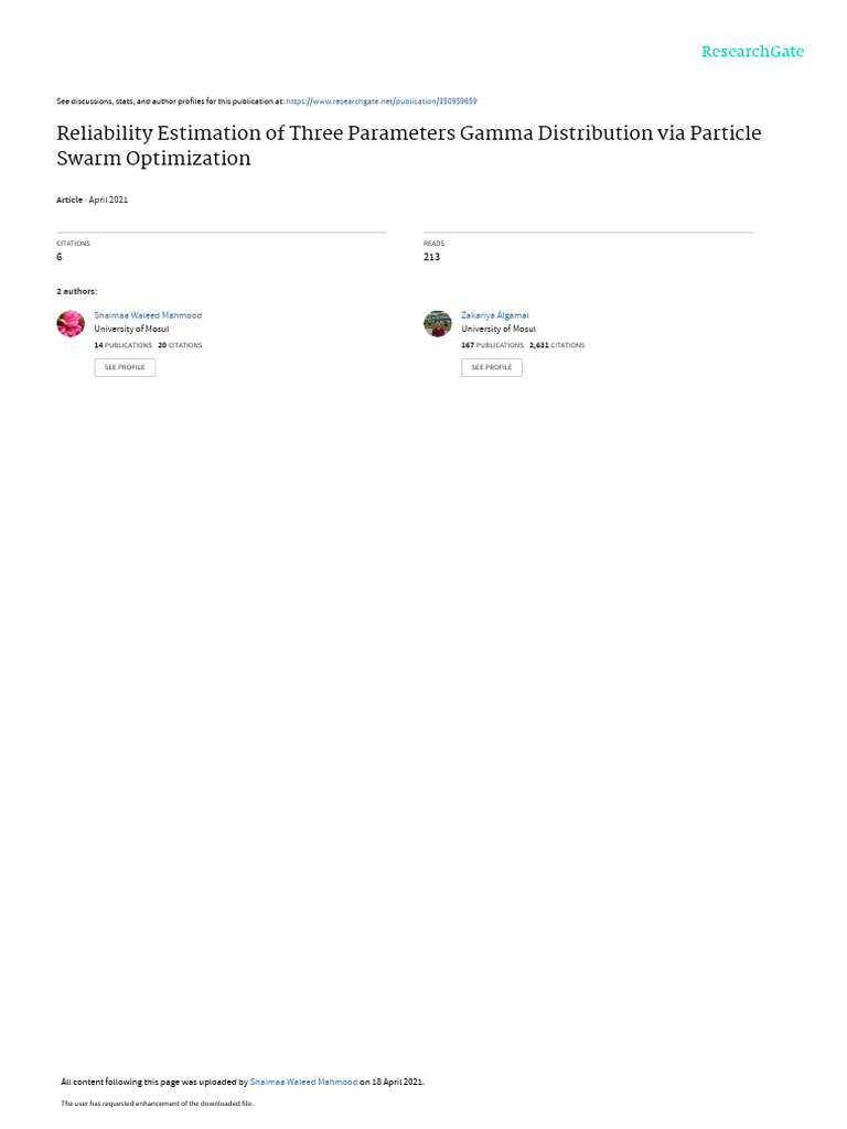 Reliability Estimation of Three Parameters Gamma Distribution Via Particle Swarm Optimization | PDF