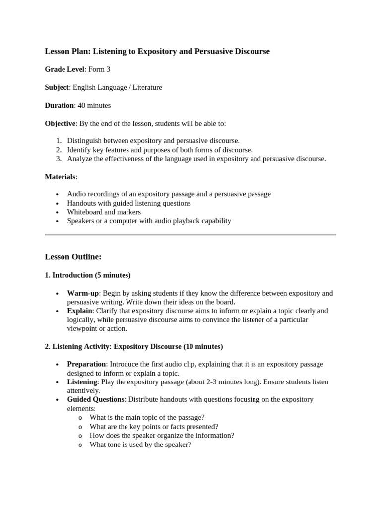 Lesson Plan - Expository Discourse & Persuasive Discourse | PDF