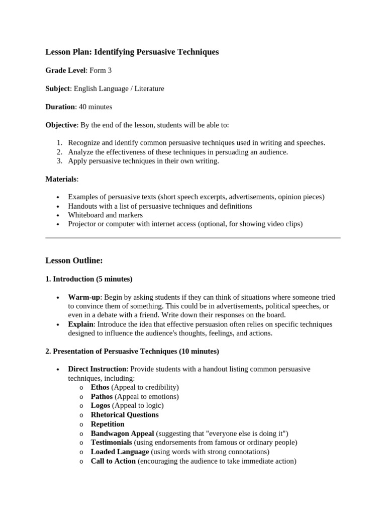 Lesson Plan - Persuasive Techniques | PDF
