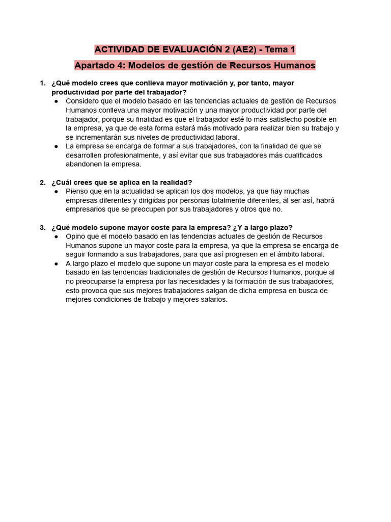 Actividad de Evaluación 2 (Ae2) - Tema 1 Apartado 4: Modelos de Gestión de Recursos Humanos | PDF