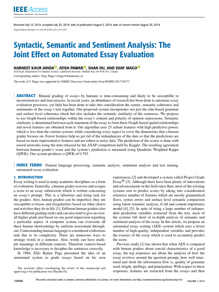 Syntactic Semantic and Sentiment Analysis The Joint Effect On Automated Essay Evaluation | PDF