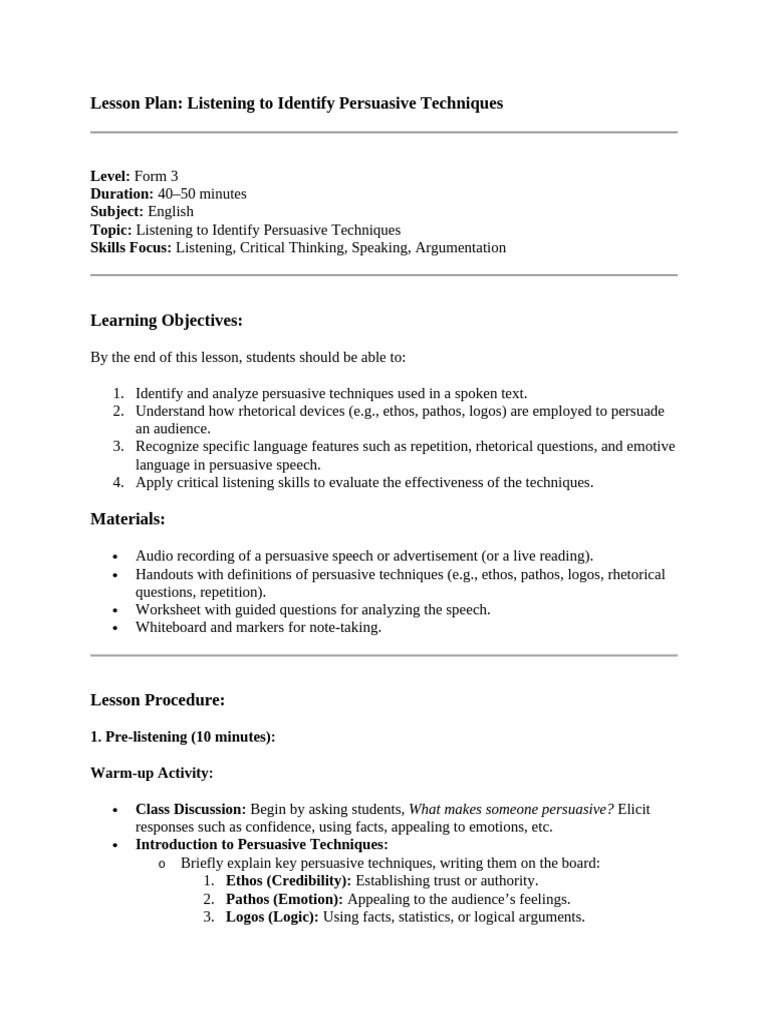Day 5-Lesson Plan-Listen to Identify Persuasive Techniques | PDF