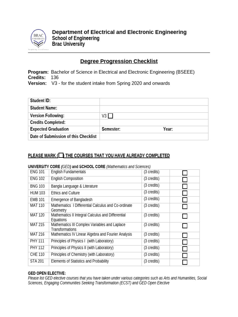 BSEEE - Version 3 - Degree Progression Checklist | PDF | Electrical Engineering | Electronic ...
