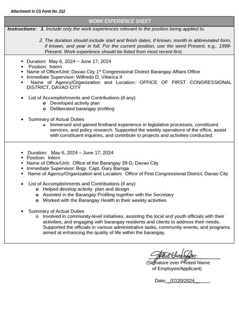 Cs Form No 212 Attachment Work Experience Sheet Morales M Pdf