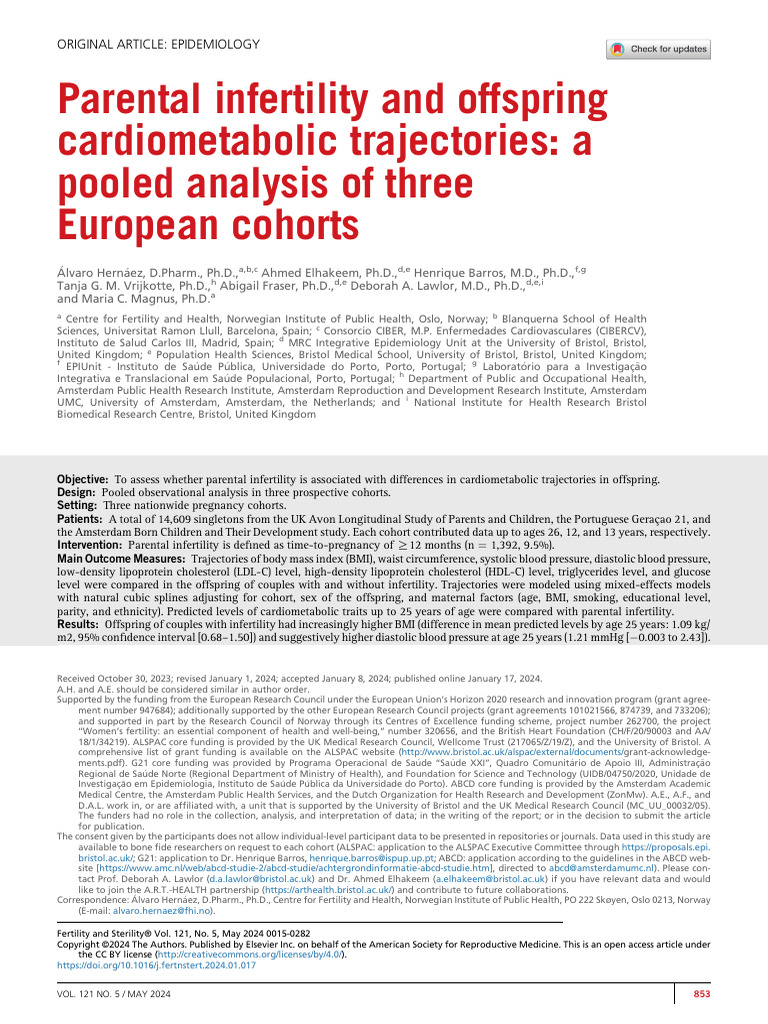 Parental Infertility and Offspring Cardiometabolic | PDF