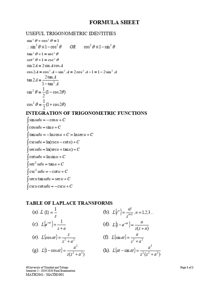Formula Sheet Math 2043 and 1001 | PDF