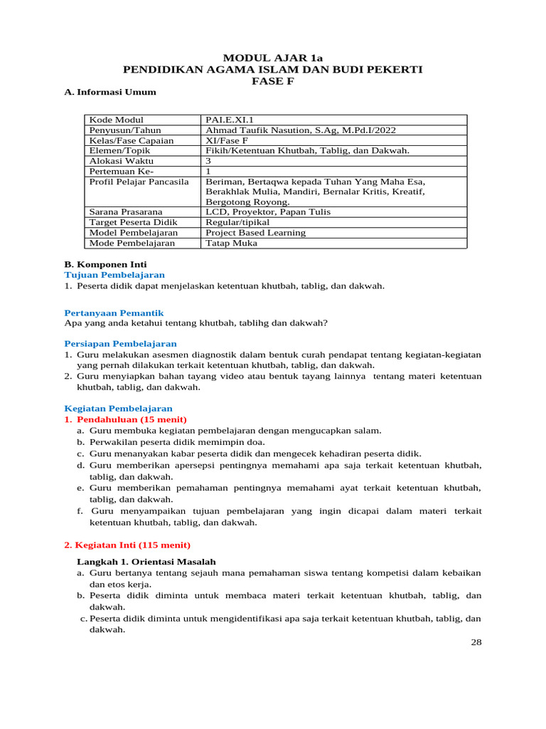 Modul Ajar Pai Sma Kelas Xi Bab 4 - Ketentuan Khutbah... | PDF