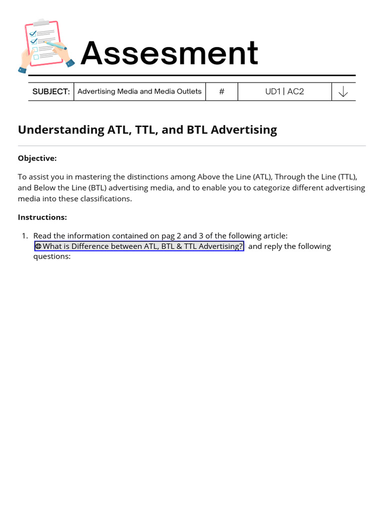 UD1 AC2 24 Understanding ATL TTL and BTL Advertising W Article | PDF ...