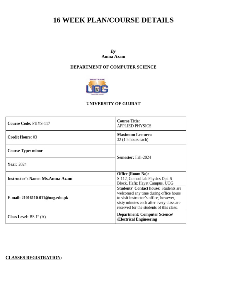 16 WEEK PLAN AP (PHYS-117) Fall-2024 | PDF