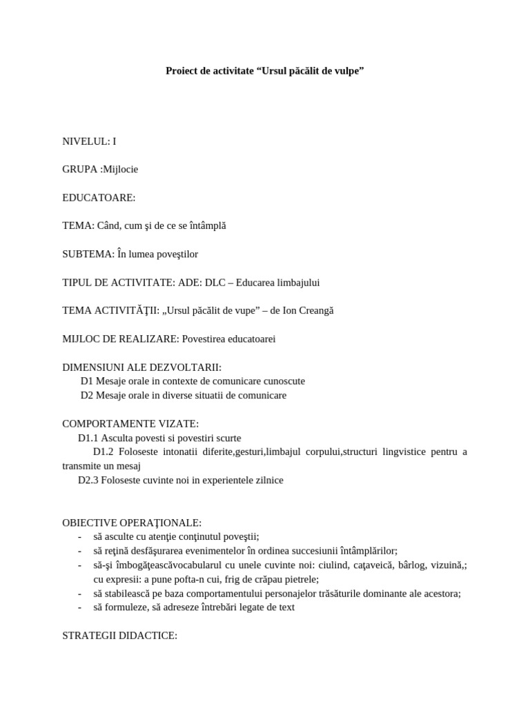 1 Proiect Ursul Pacalit de Vulpe | PDF