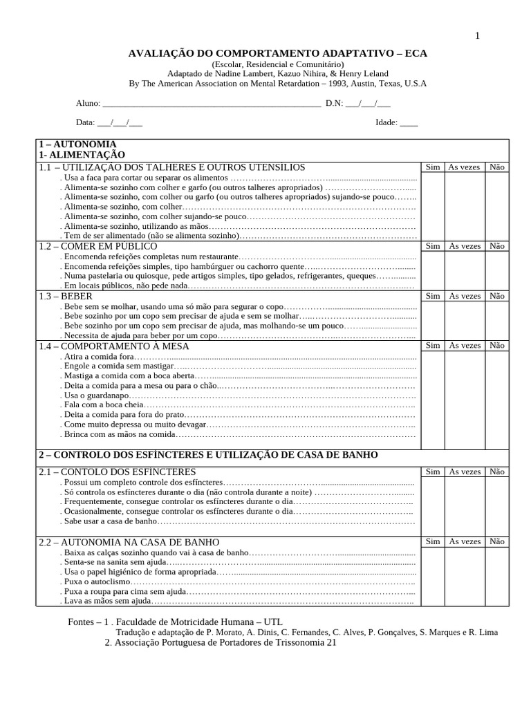 Avaliacao Do Comportamento Adaptativo ECA ESCALA TRADUZIDA | PDF