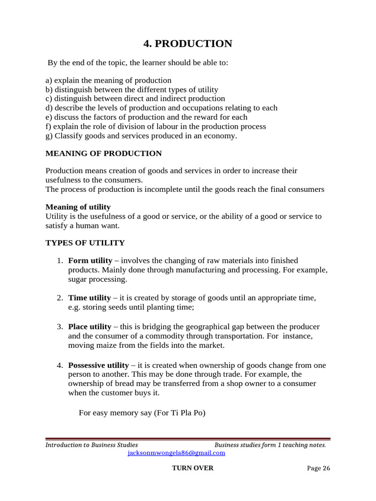 Production. Form One | PDF | Goods | Labour Economics