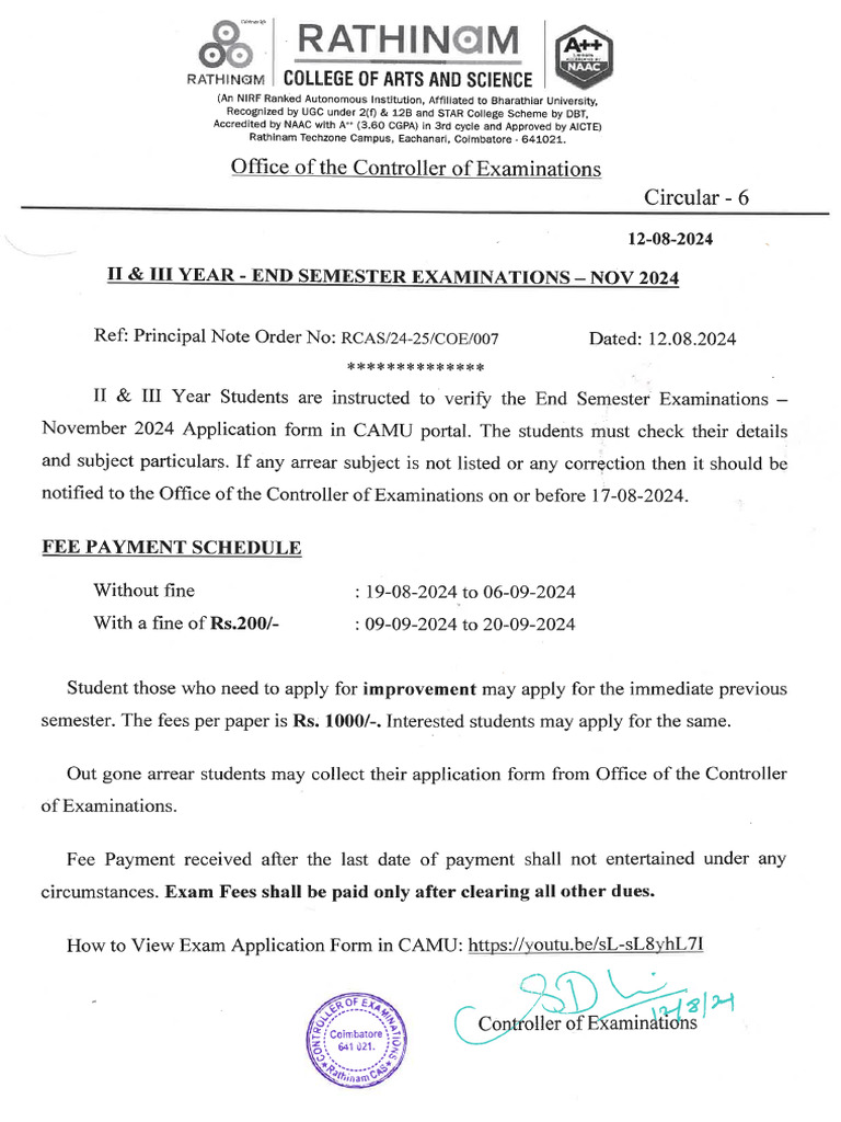 CoE Circular - 6 - II & III Year - Exam Application Nov 2024 | PDF
