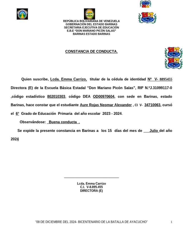 Constancia de Conducta 6to B 2 023-2024 Maiga Lista | PDF