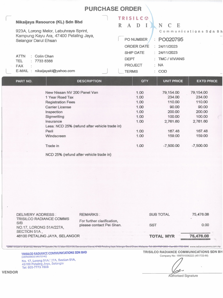 Nikaijaya Resource (KL) SDN BHD - Purchase Order | PDF