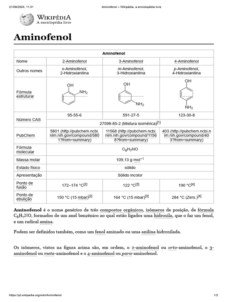 Aminofenol - Wikipédia, A Enciclopédia Livre | PDF
