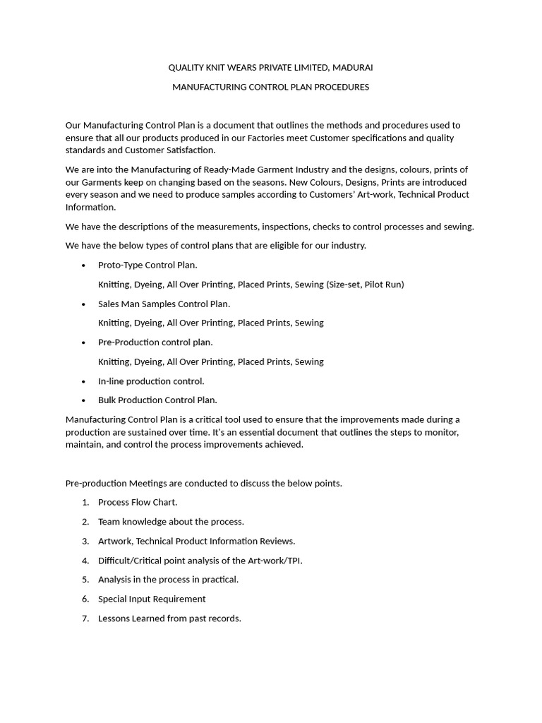21-09-24-Manufacturing Control Plan (MCP) | PDF | Knitting | Business