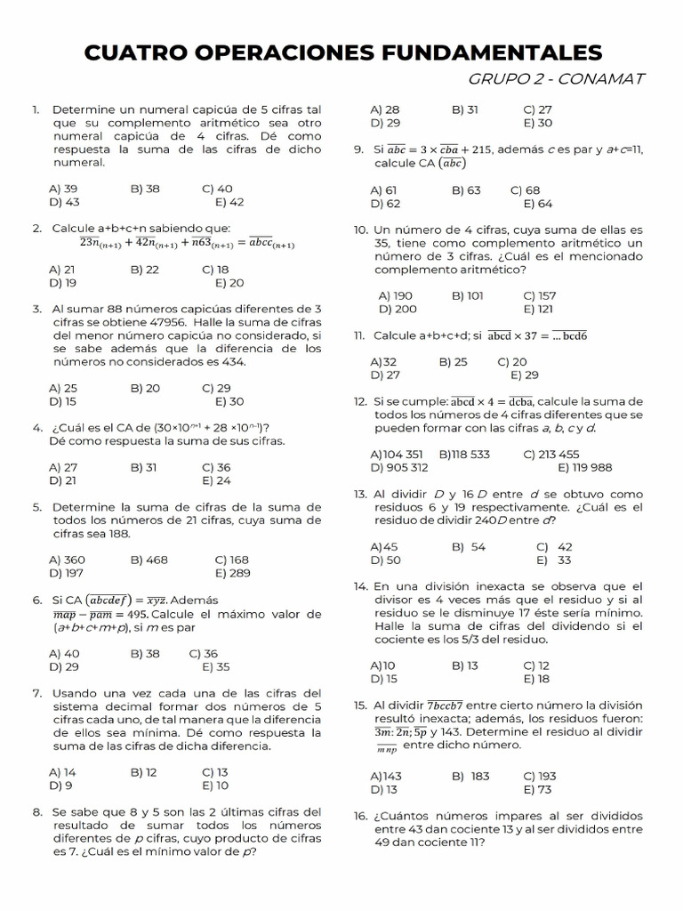 Cuatro Operaciones Fundamentales - Conamat 2 | PDF
