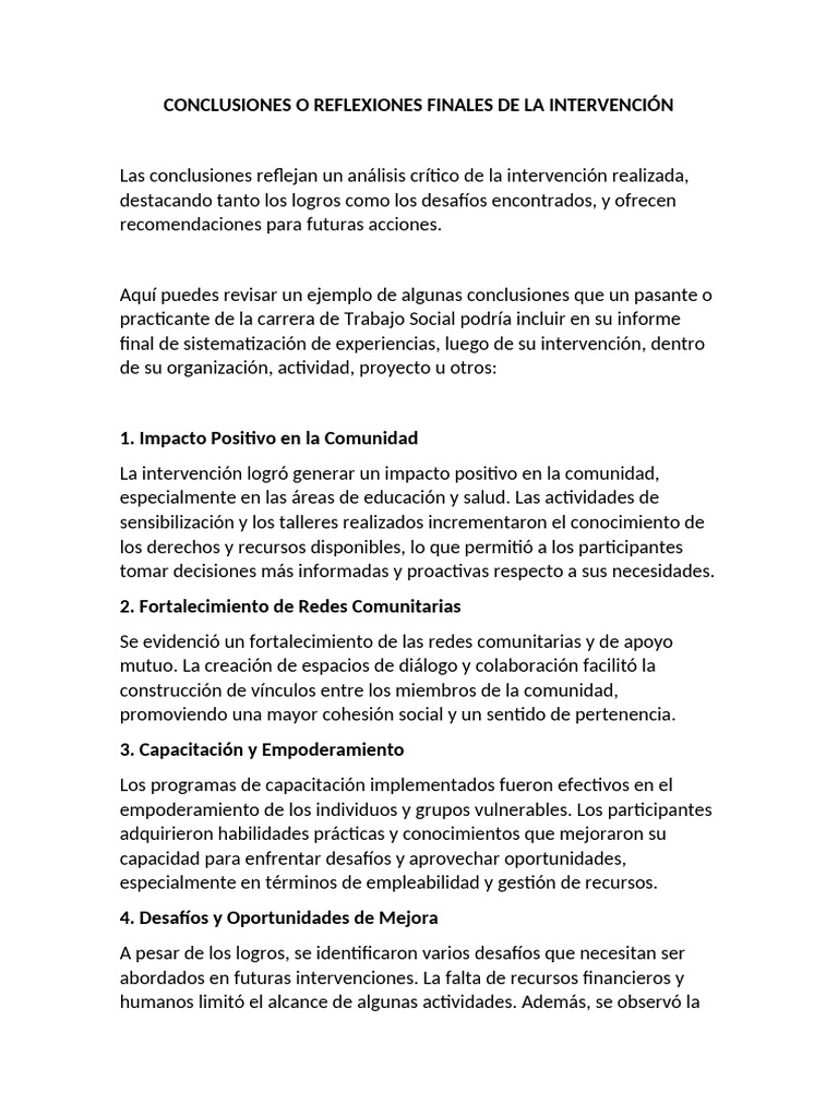 Conclusiones o Reflexiones Finales de La Intervención | PDF