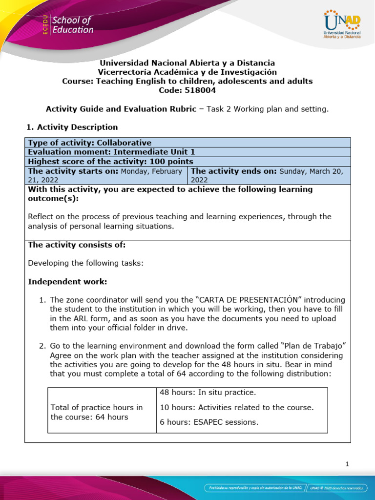 Activity Guide and Evaluation Rubric - Task 2 Working Plan and Setting | PDF