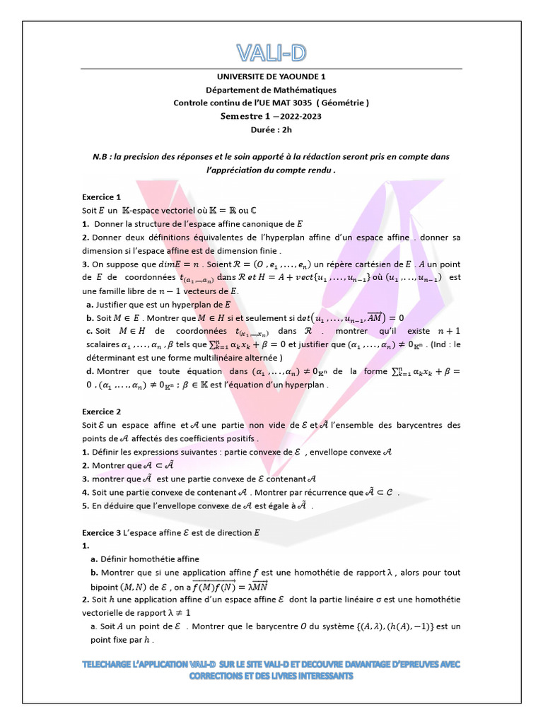 Controle Continu MAT 3035 Géométrie Semestre 1 2022-2023 | PDF