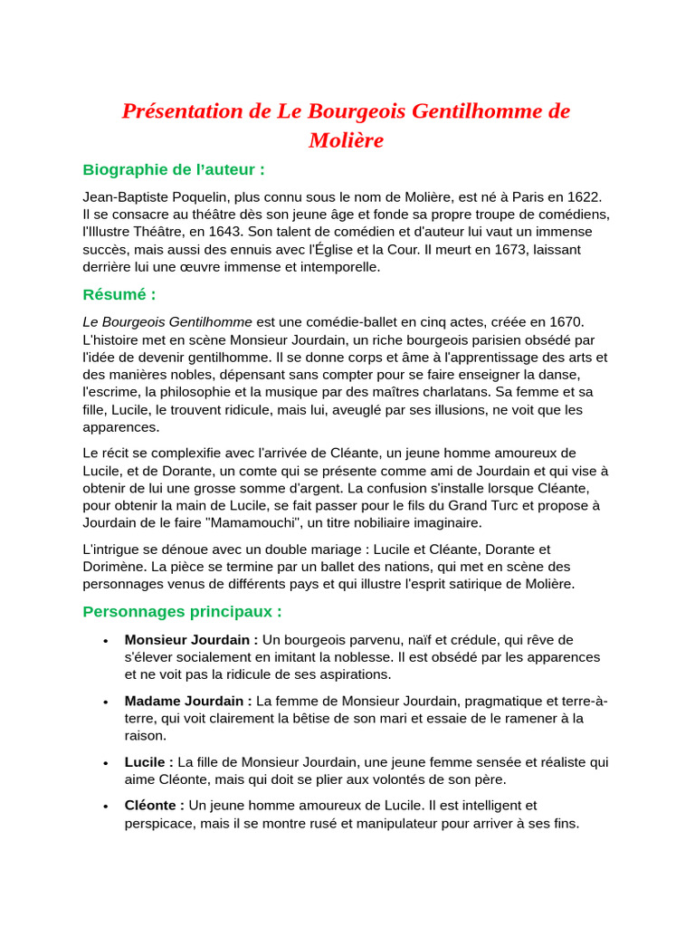 Le Bourgeois Gentilhomme de Molière | PDF