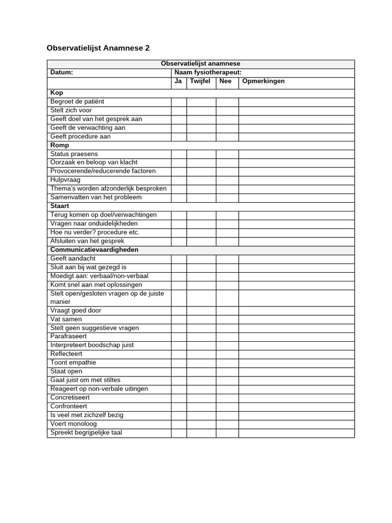 Observatielijst Anamnese 2: Observatielijst Anamnese Datum: Naam ...