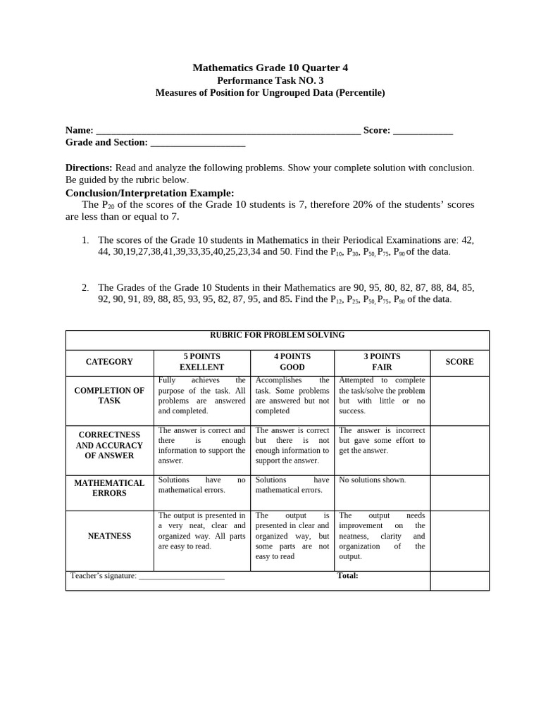 G10 Performance Task NO. 4 PERCENTILE | PDF