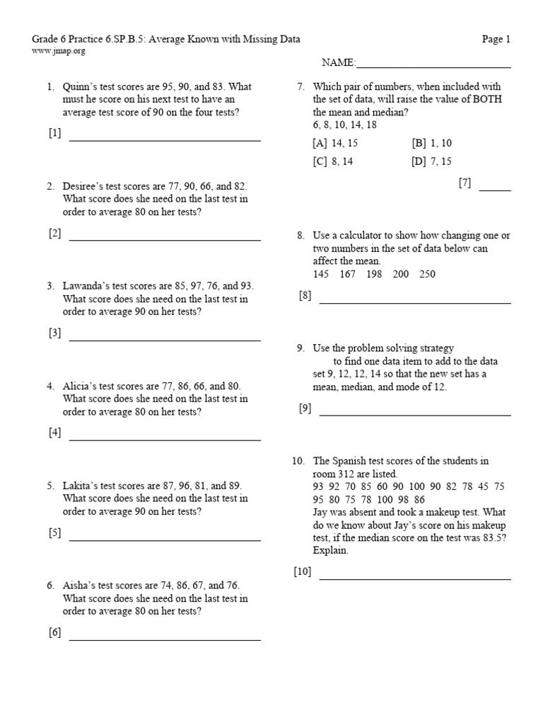 6.SP.B.5. Practising Average Known with Missing Data | PDF