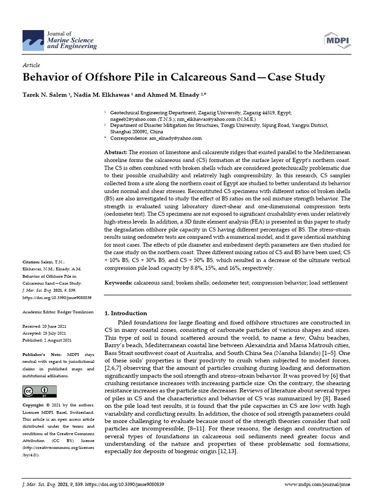 Offshore Pile Behavior in Calcareous Sand | PDF | Young's Modulus ...