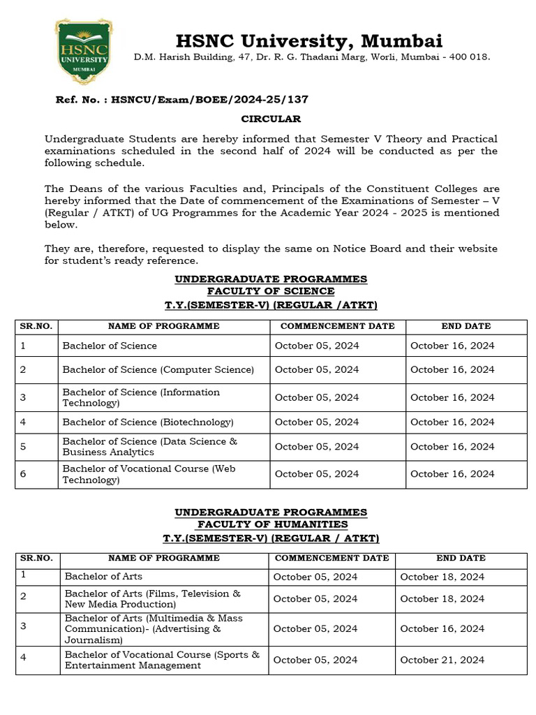 Circular No 137-Commencement of Examination UG - Sem v-REG-ATKT-OCT-2024 | PDF