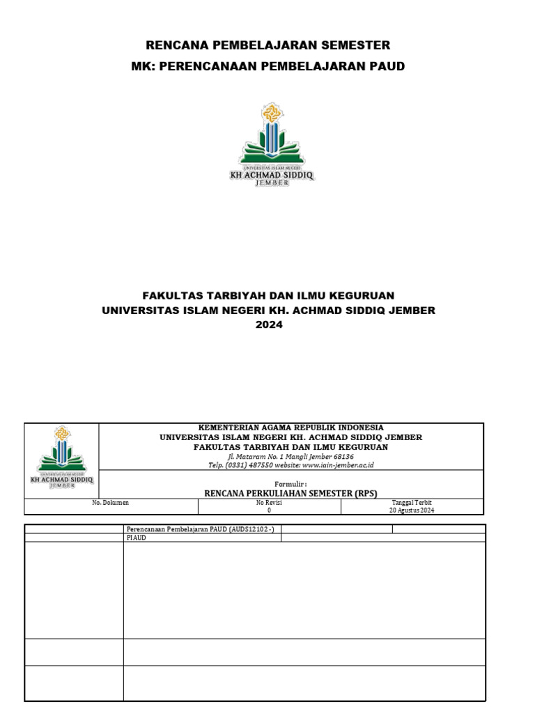 Rps Perencanaan Pembelajaran Paud 2024 | PDF