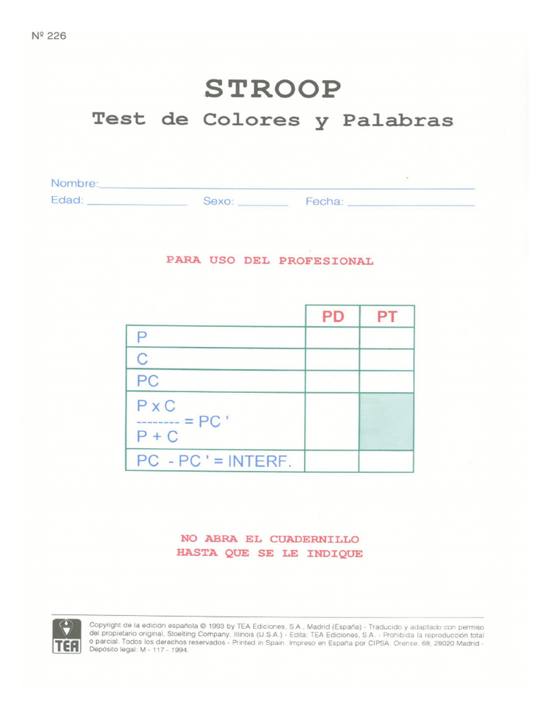Hoja de Registro y AplicaciÃ N - Test de Stroop (1) para Imprimir | PDF
