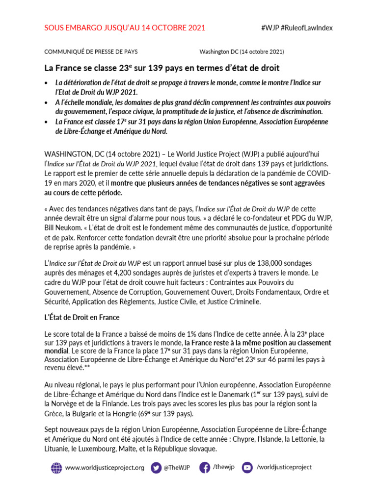 France - 2021 WJP Rule of Law Index Country Press Release FR | PDF