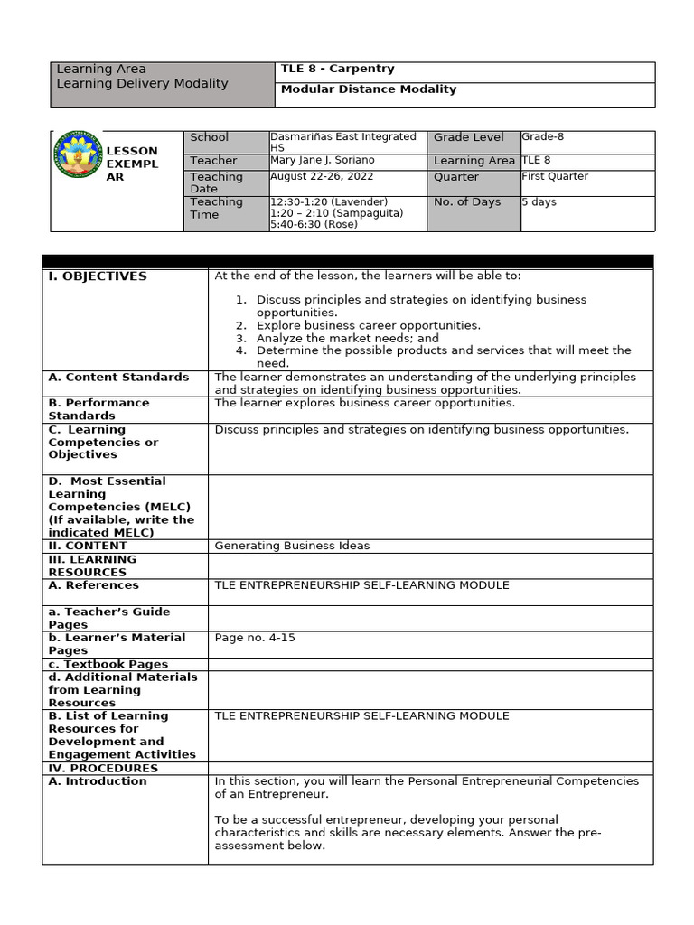 Le Entrep Lesson 1 Week 1 | PDF