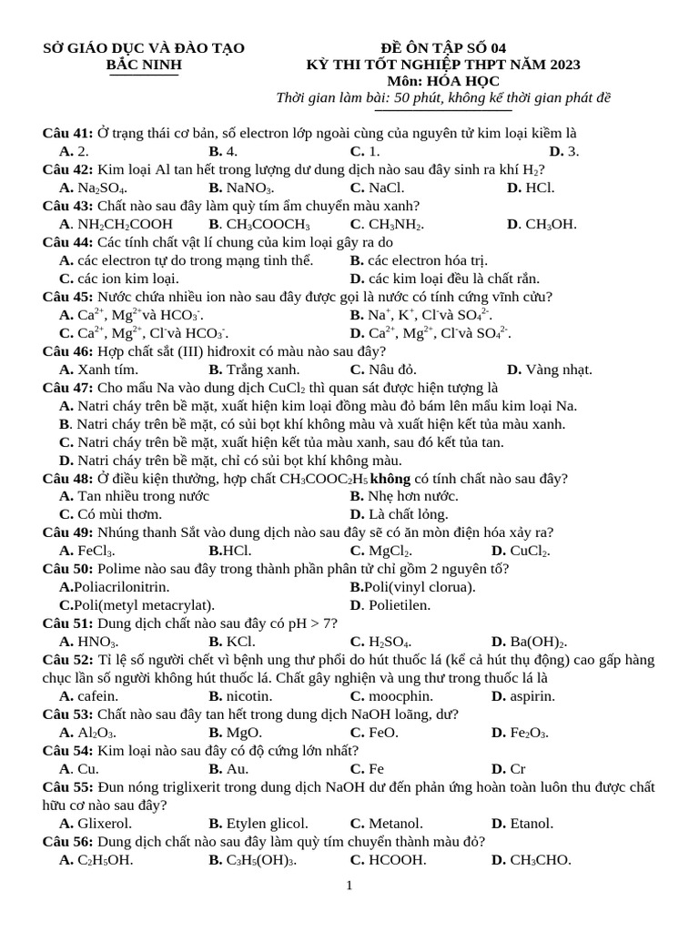 4. GB1. Đề Tham Khảo Hoá 2023 | PDF
