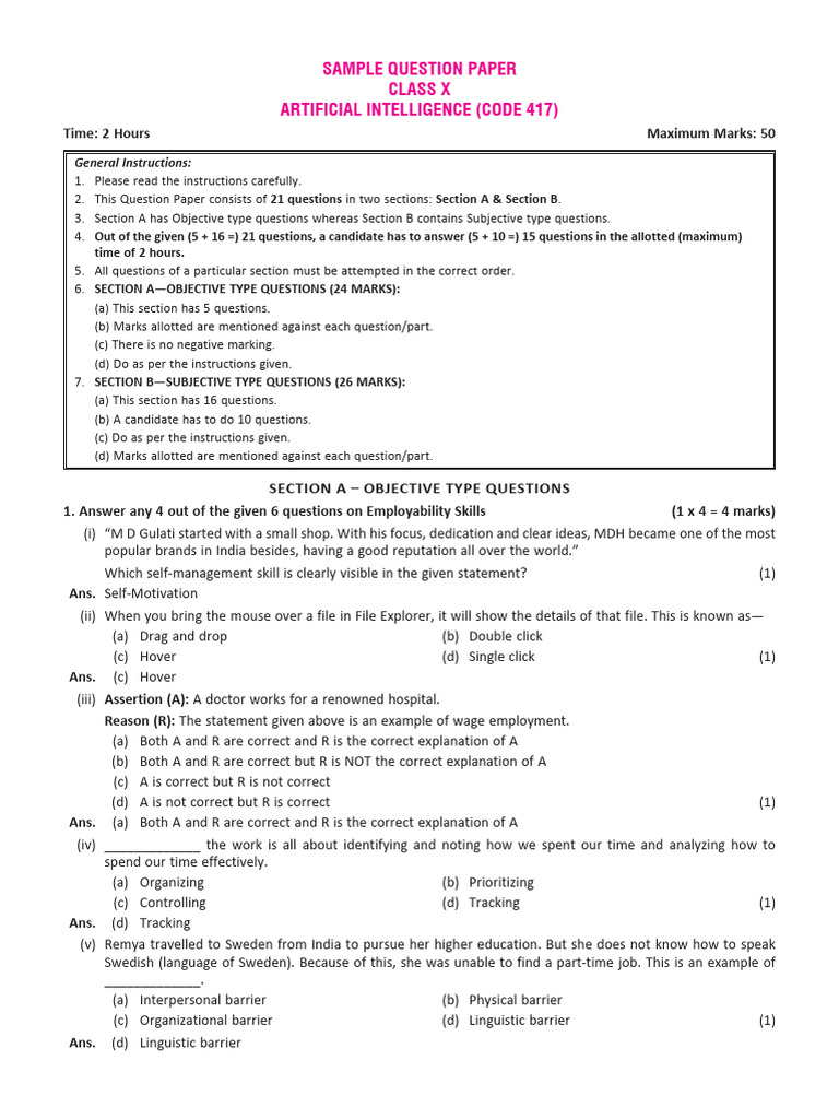 AI - (X) - Sample Question Paper (Sachin Gupta) | PDF