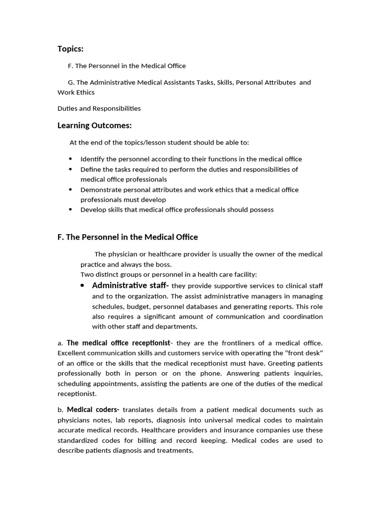 Medical Office Personnel Roles and Skills | PDF | Nursing | Business