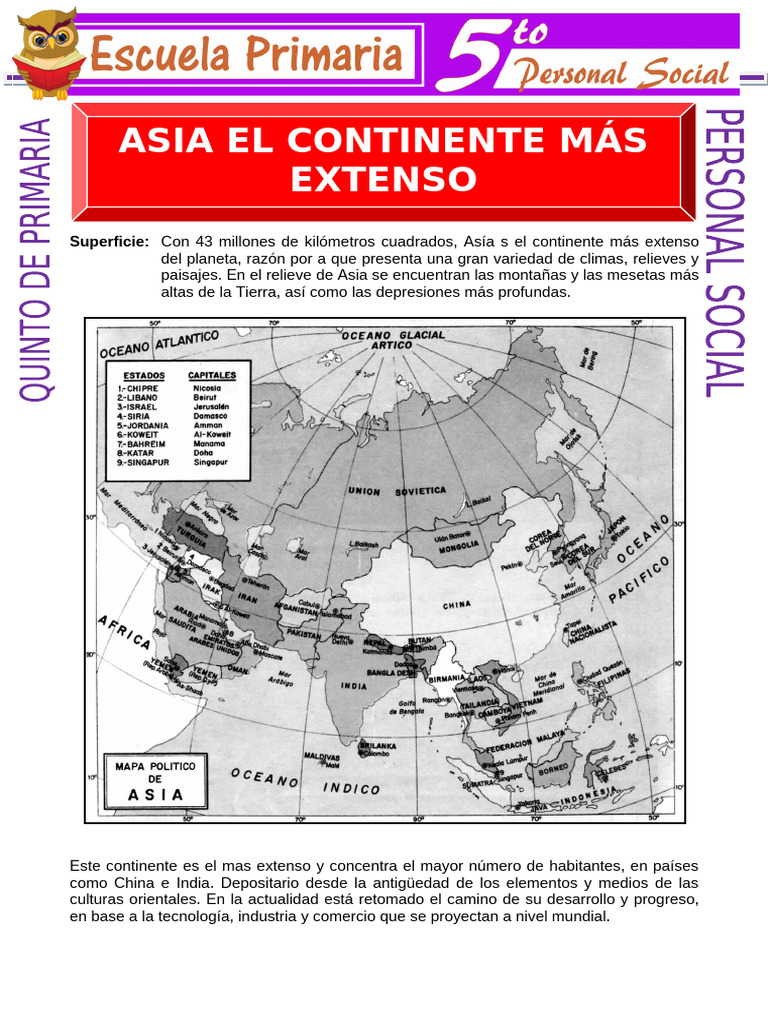 Asia El Continente Mas Extenso para Quinto de Primaria | PDF | Asia ...