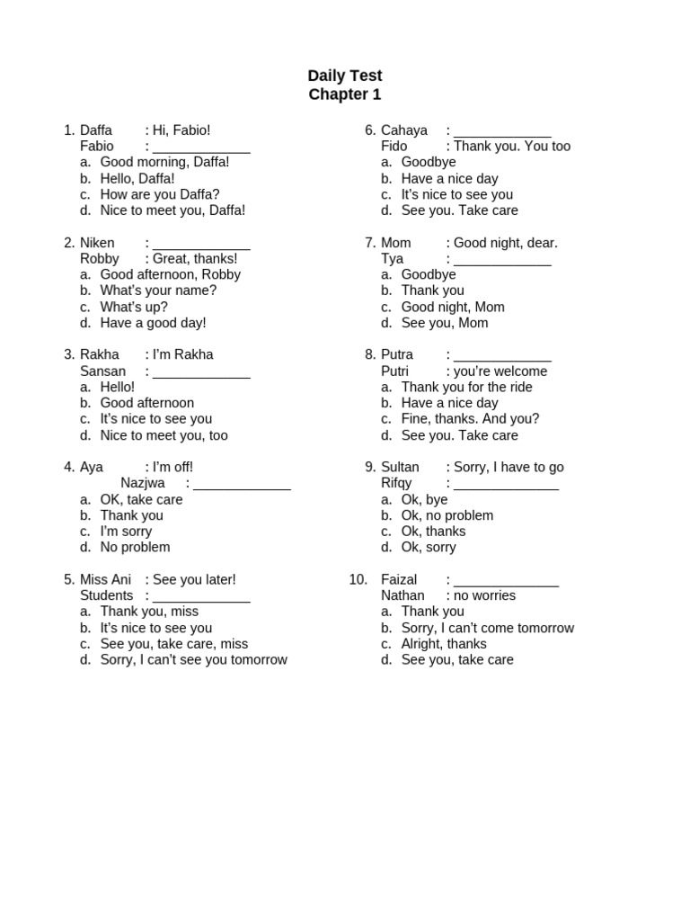 Daily Test 1. GREETINGS, LEAVE TAKING, THANKING, APOLOGIZING | PDF