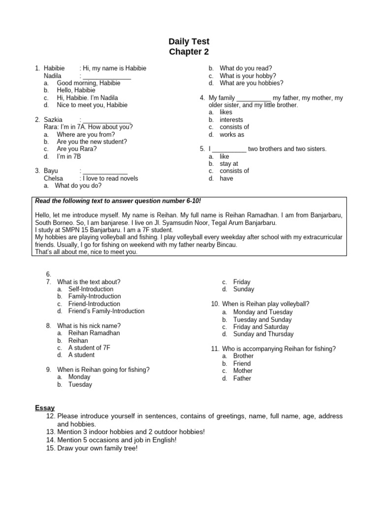 Daily Test 2. Self Introduction, Describing Hobbies, Describing Family ...