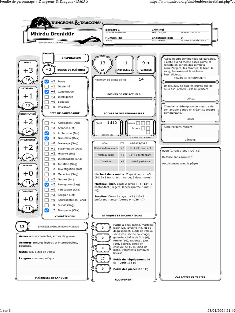 Feuille de Personnage Dungeons & Dragons - D&D 5 | PDF