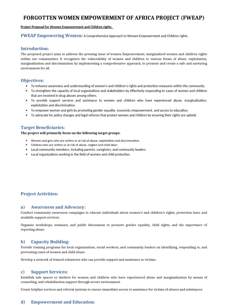 FWEAP Project Proposal For Women Empowerment - 1 | PDF