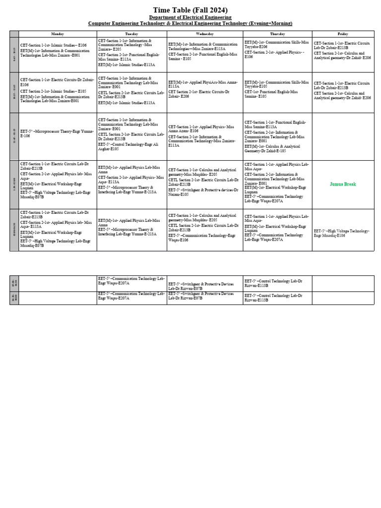 Time Table (CET & EET) Fall 2024 | PDF
