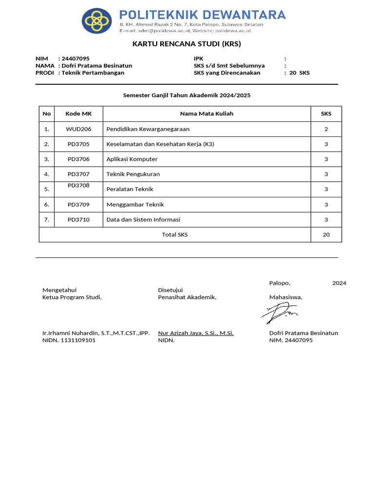 KRS Teknik Pertambangan Semester 1 | PDF