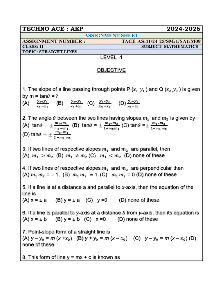 Xi CH 9 Straight - Lines Level 1 - 240910 - 221331 | PDF